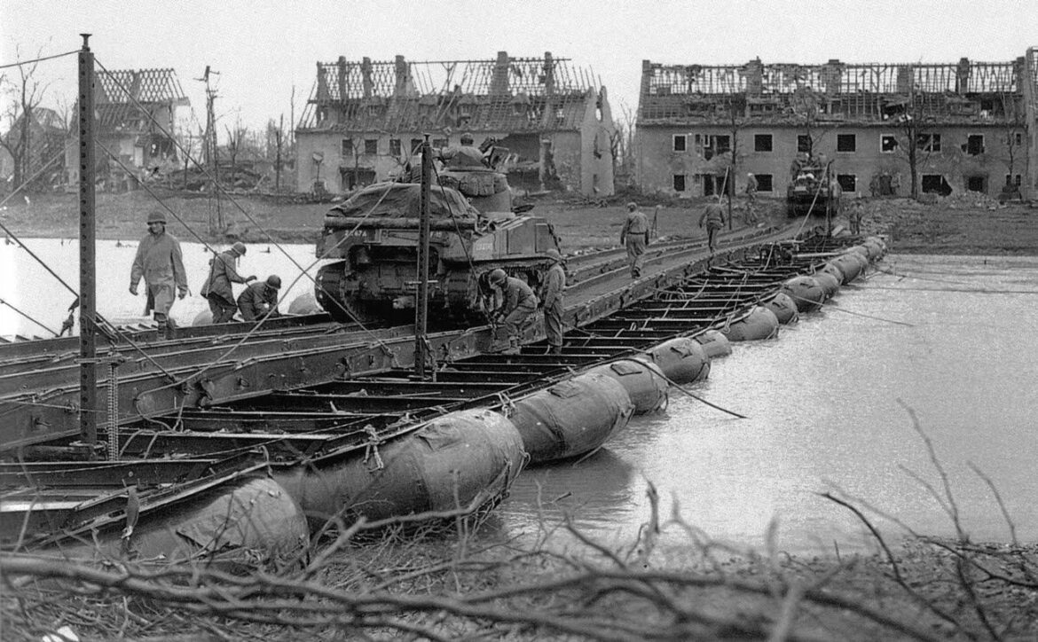Treadway bridge crossing the Ruhr River on February 26, 1945 at Julich ...