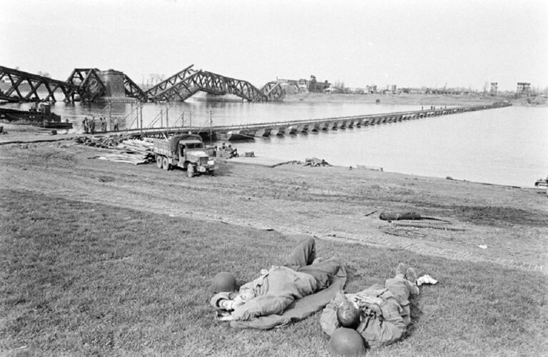 Treadway bridge crossing the Rhine river on end of March, 1945 at Wesel ...