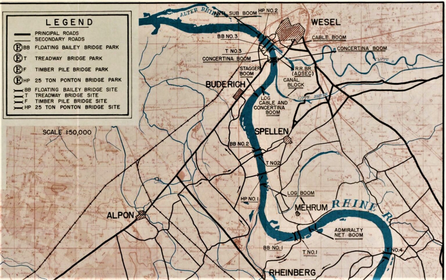 Treadway bridge crossing the Rhine river on end of March, 1945 at Wesel ...